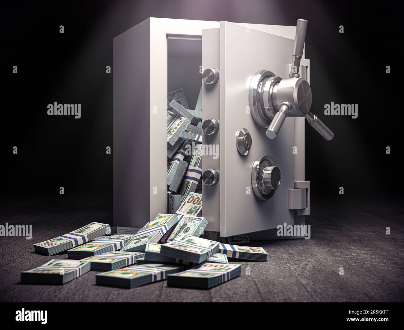 Unlocked steel safe with dollar banknote packs inside. 3d illustration ...