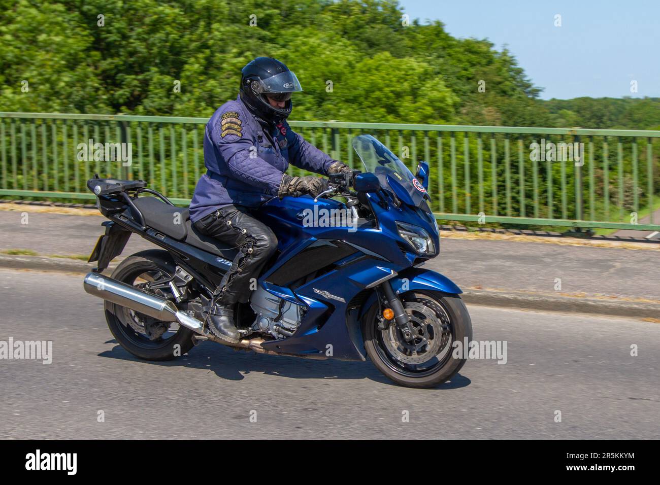 2018 Phantom Blue Yamaha FJR 1300 A; crossing motorway bridge in ...