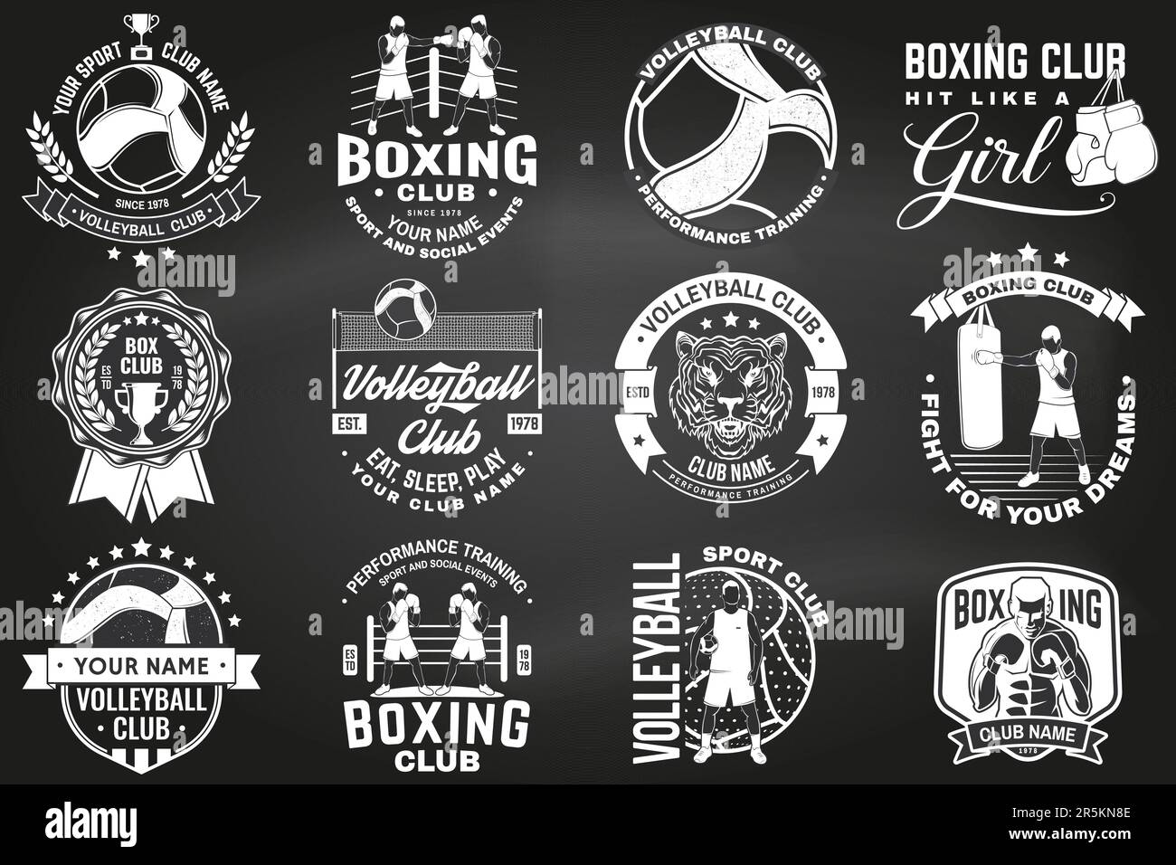 Set of Boxing club and Volleyball club badge, logo design on chalkboard ...