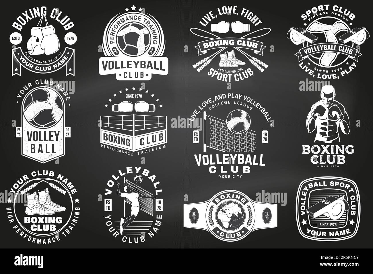 Set of Boxing club and Volleyball club badge, logo design on chalkboard ...