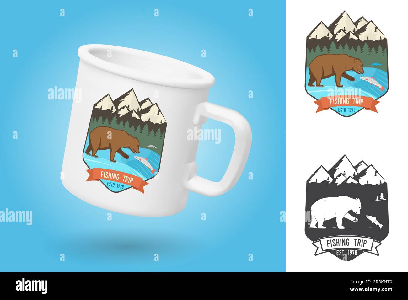 White camping cup. Realistic mug mockup template with sample design ...