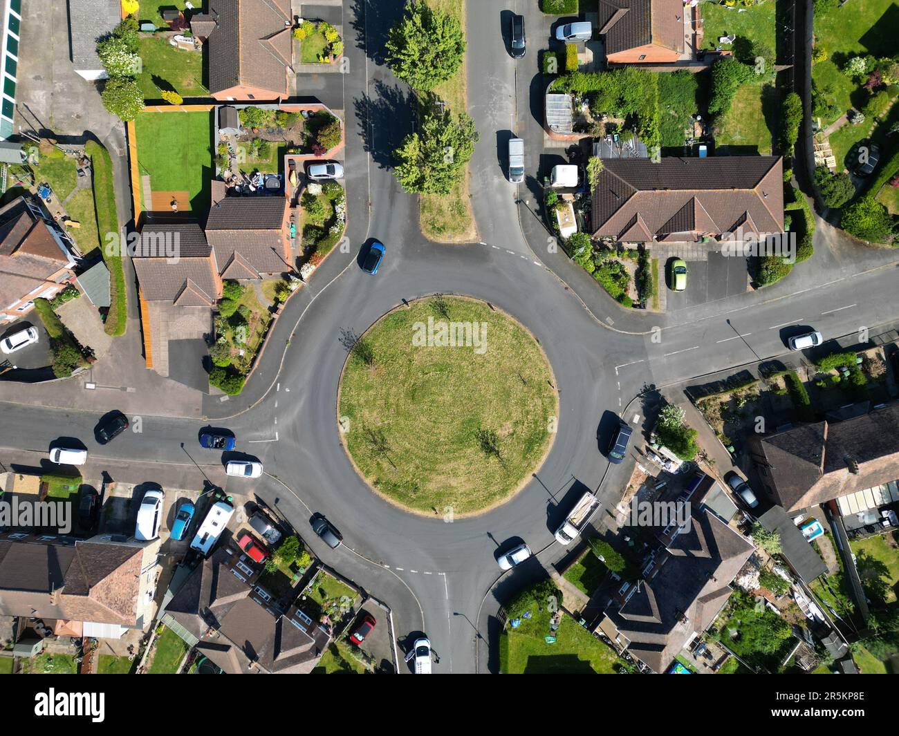 Aerial view of a roundabout on a housing estate in Hereford UK taken ...