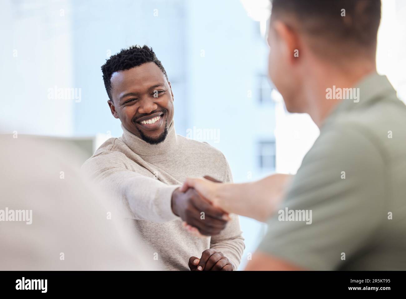 Men, handshake and partnership, success in interview with onboarding ...