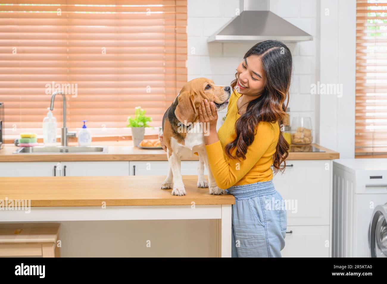 A woman is shown in a friendly interaction with her dog, a playful ...