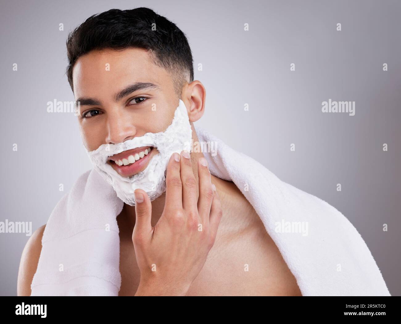 Beauty, shaving and foam with portrait of man in studio for hair ...