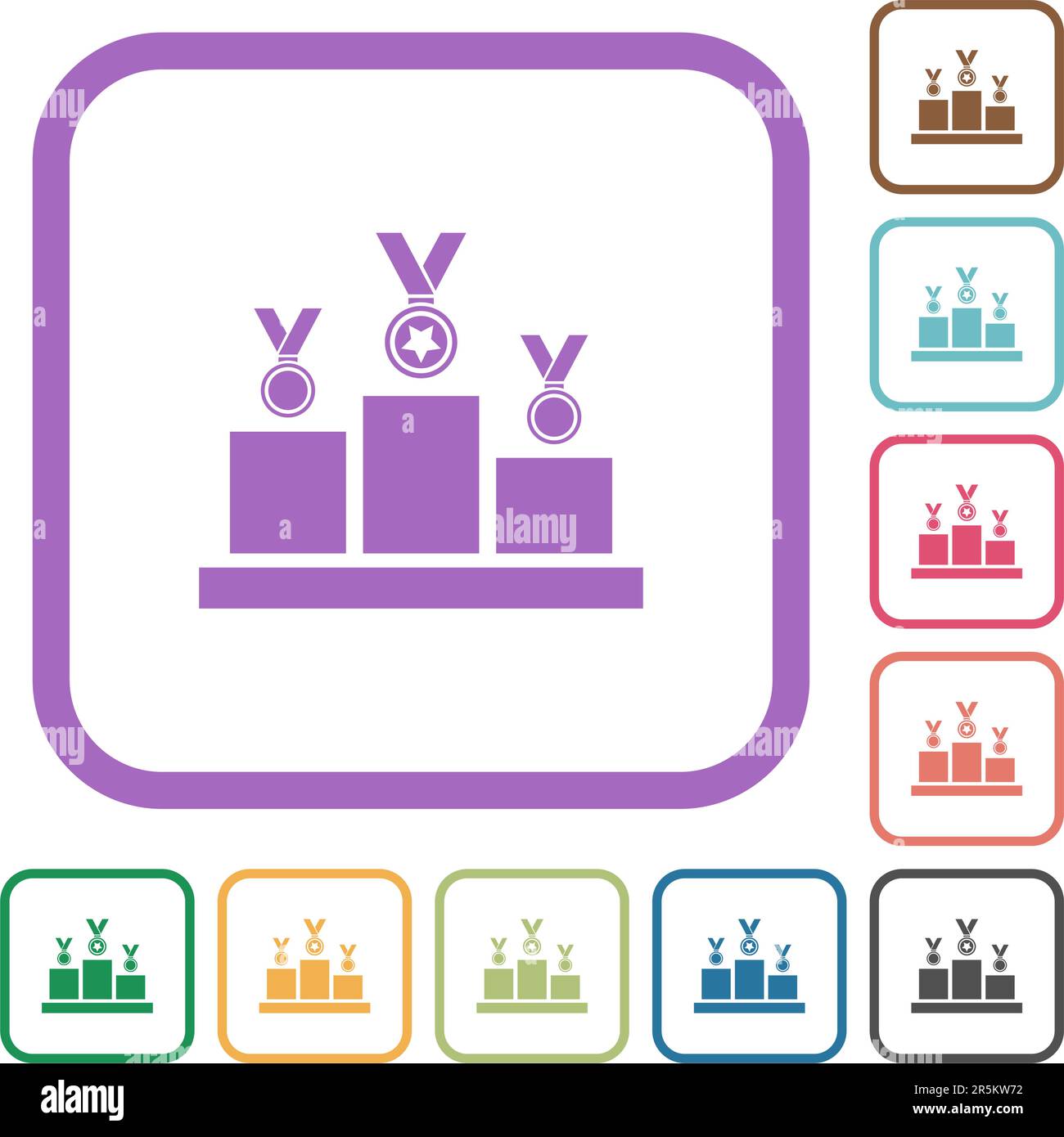 Winner podium with awards simple icons in color rounded square frames ...