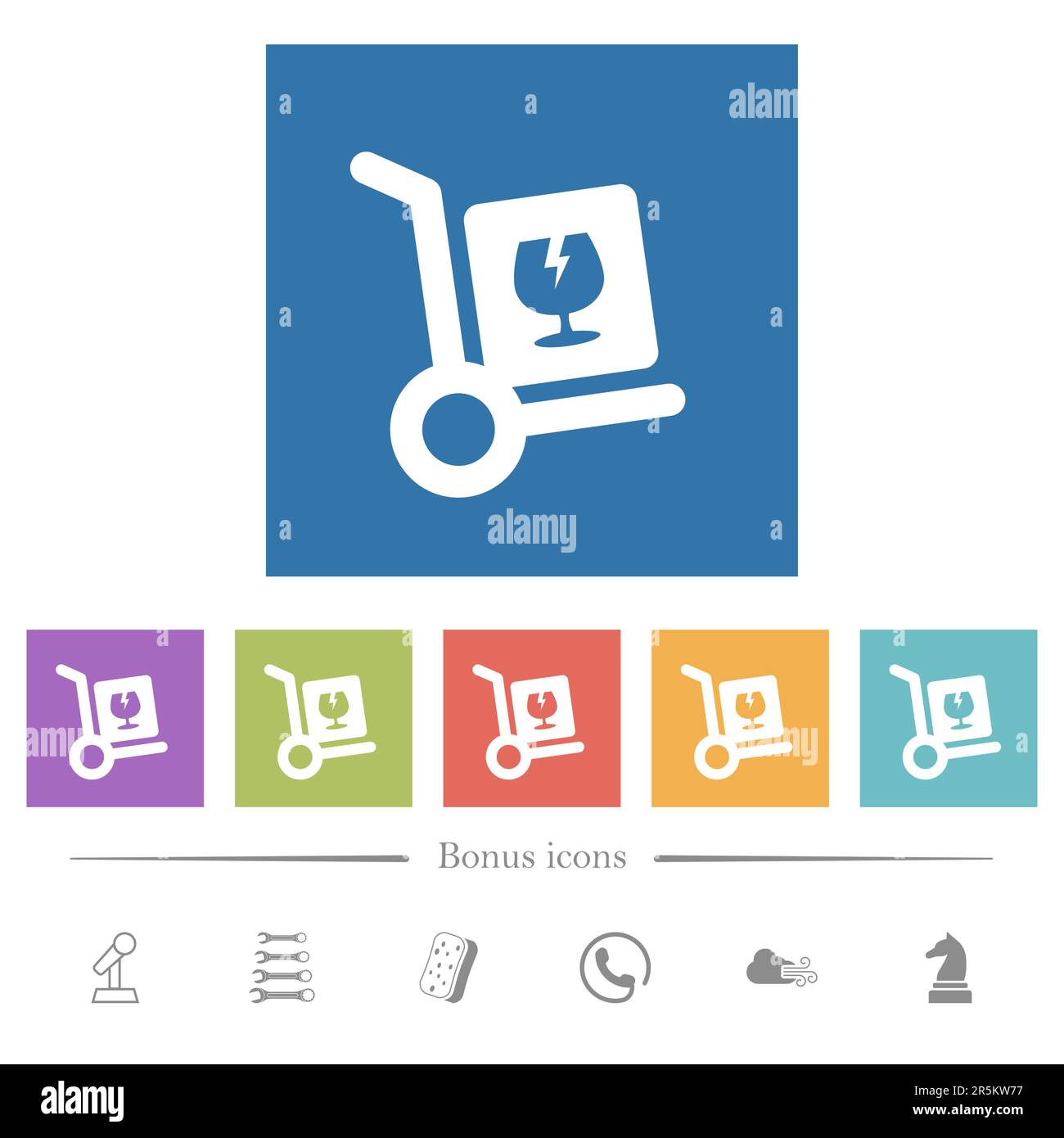 Fragile parcel delivery solid flat white icons in square backgrounds. 6 ...