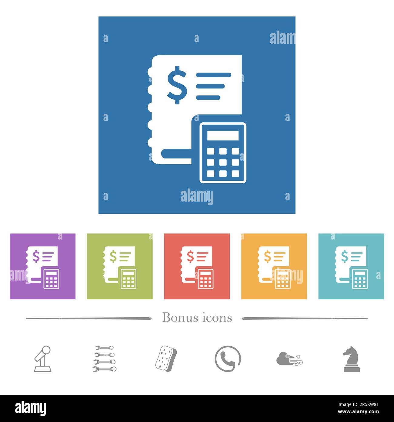 Dollar ledger flat white icons in square backgrounds. 6 bonus icons ...