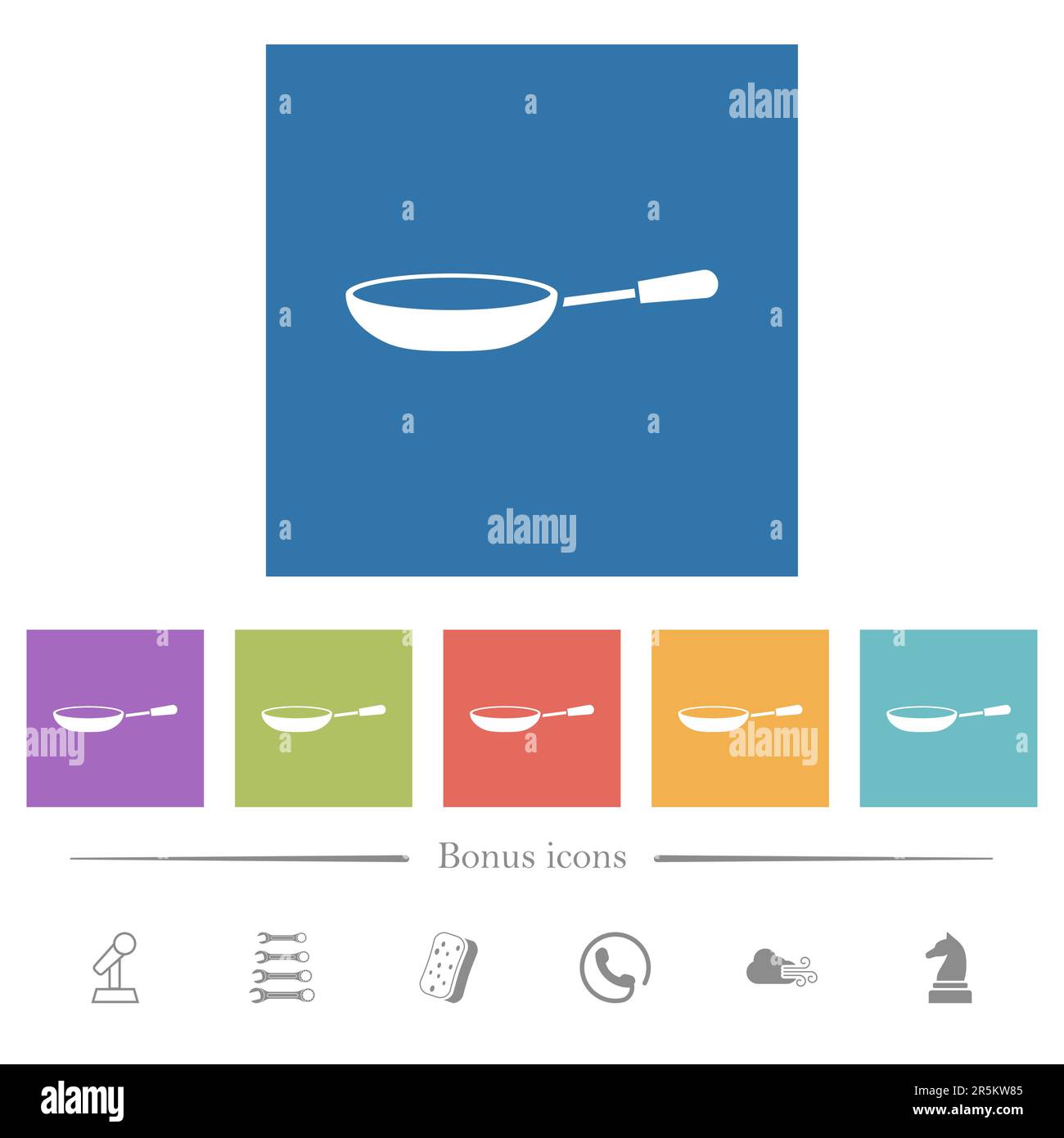 Frying pan flat white icons in square backgrounds. 6 bonus icons ...