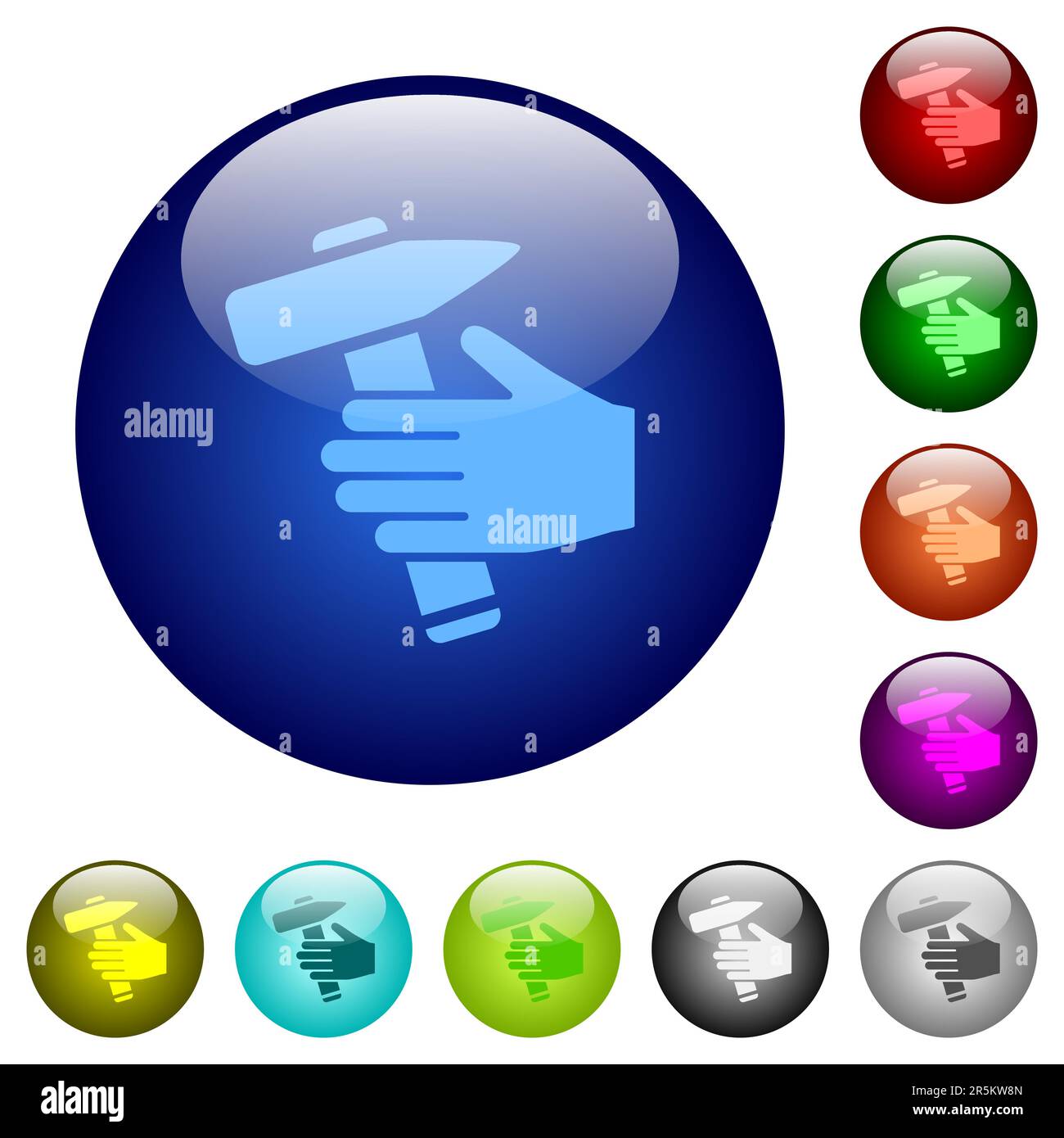 Hammer in hand icons on round glass buttons in multiple colors. Arranged layer structure Stock ...