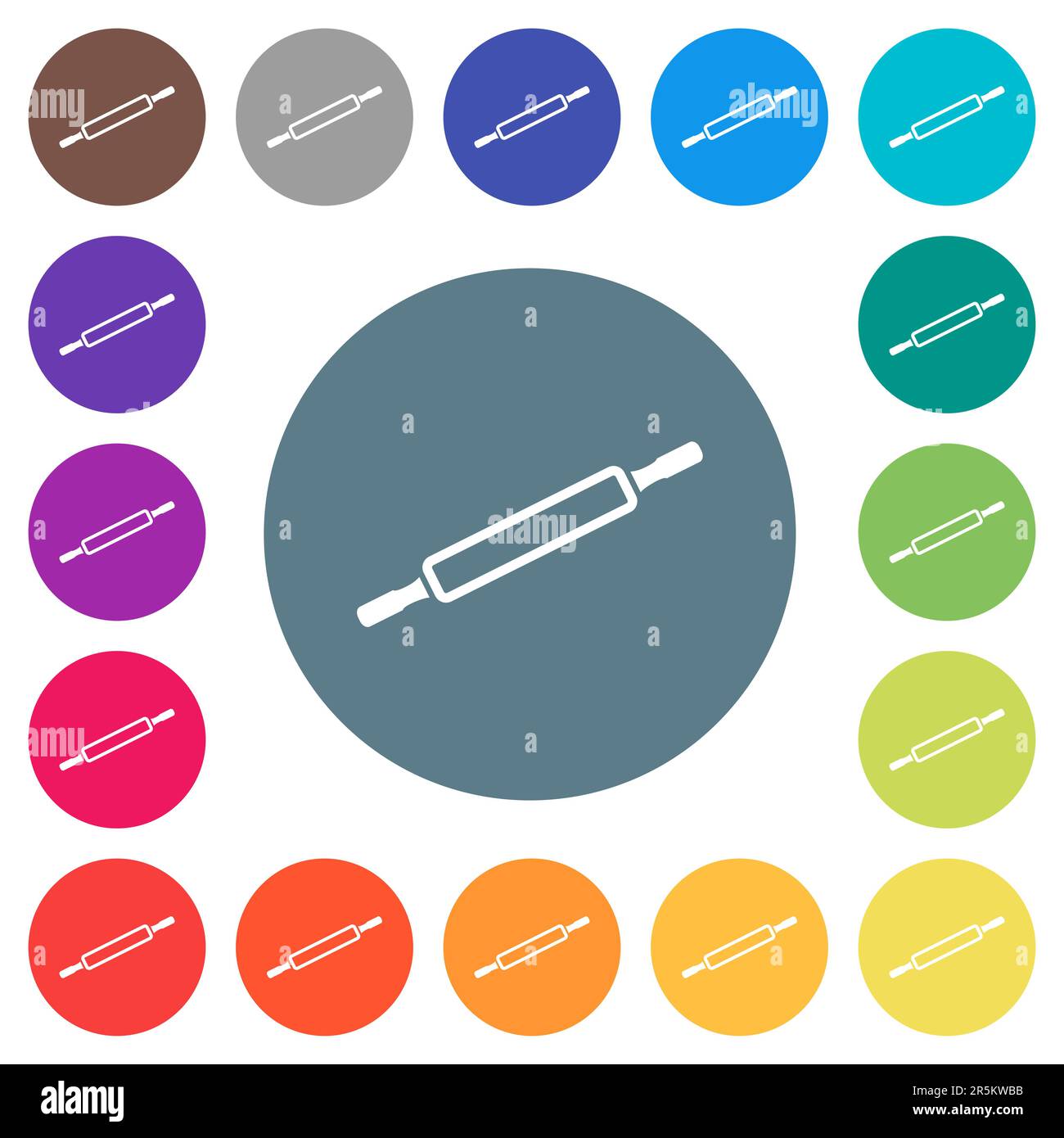 Rolling pin outline flat white icons on round color backgrounds. 17 background color variations ...