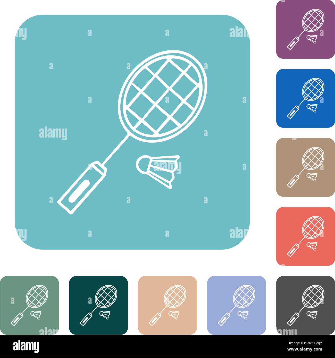 Badminton racket and shuttlecock outline white flat icons on color ...