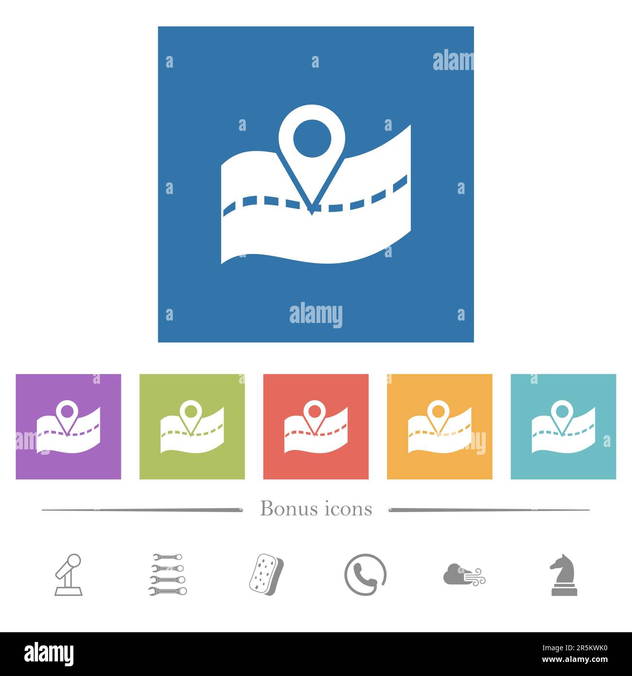 GPS road location flat white icons in square backgrounds. 6 bonus icons ...