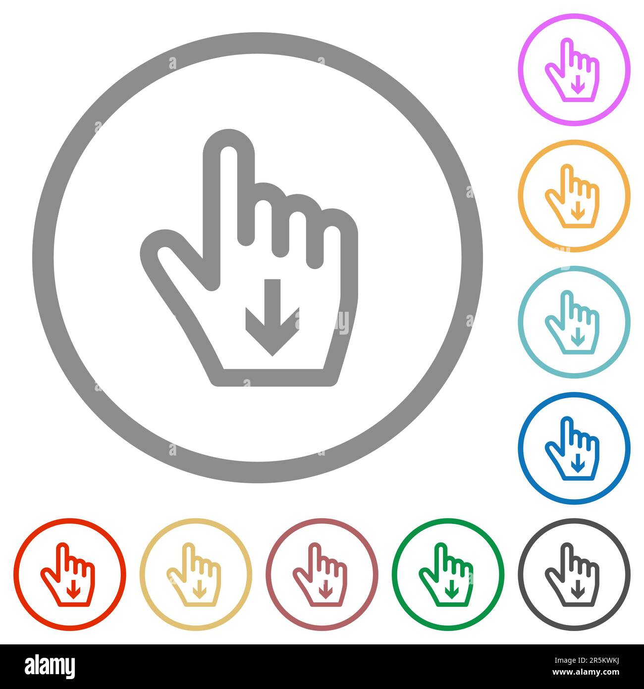Hand cursor down outline flat color icons in round outlines on white ...