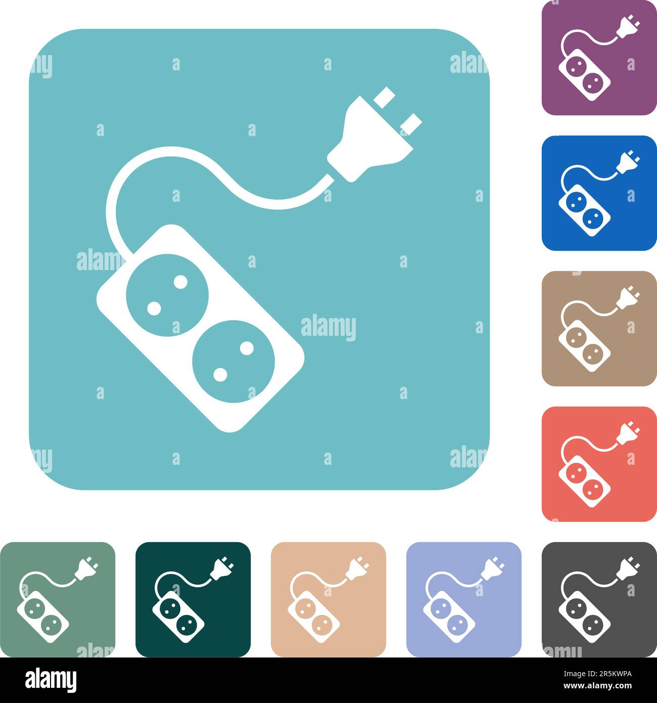 Portable electrical outlet with two sockets and extension cord and plug solid white flat icons ...