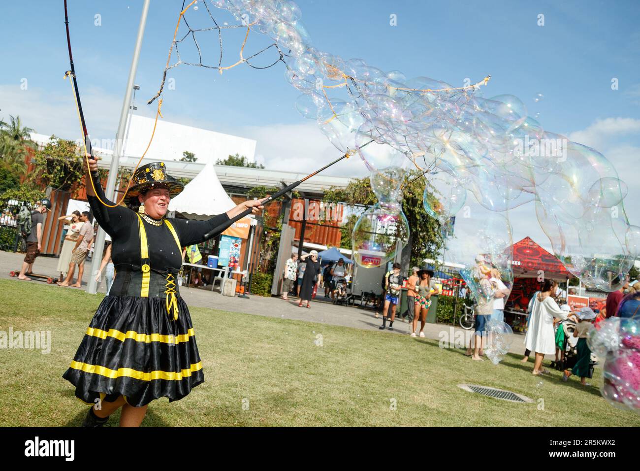 Cairns, Australia. 04th June, 2023. 'Bugzy' Bumblebee casts bubbles as ...