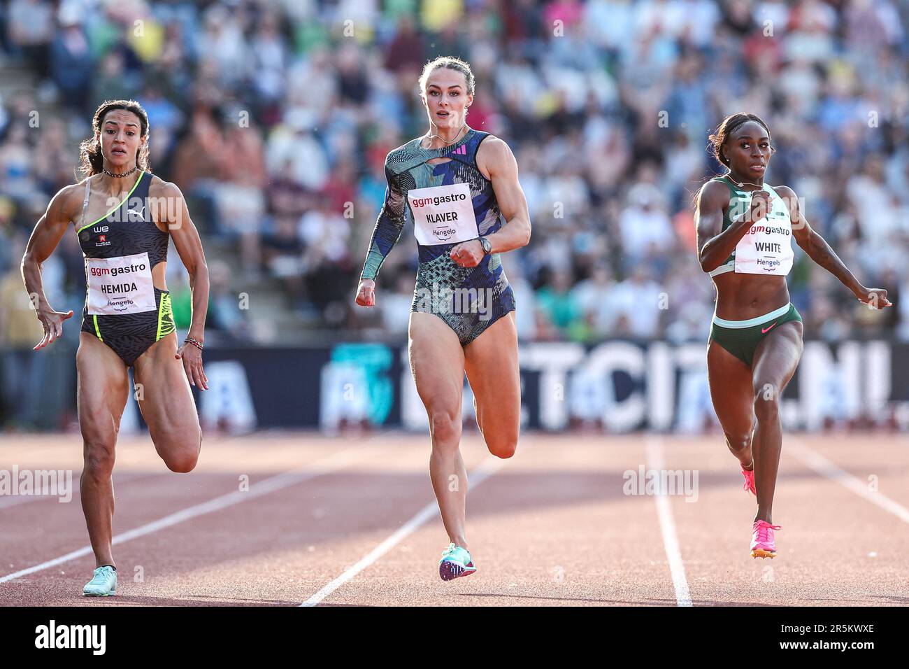 HENGELO - (lr) Bassant Hemida, Lieke Klaver, Kayla White in action ...
