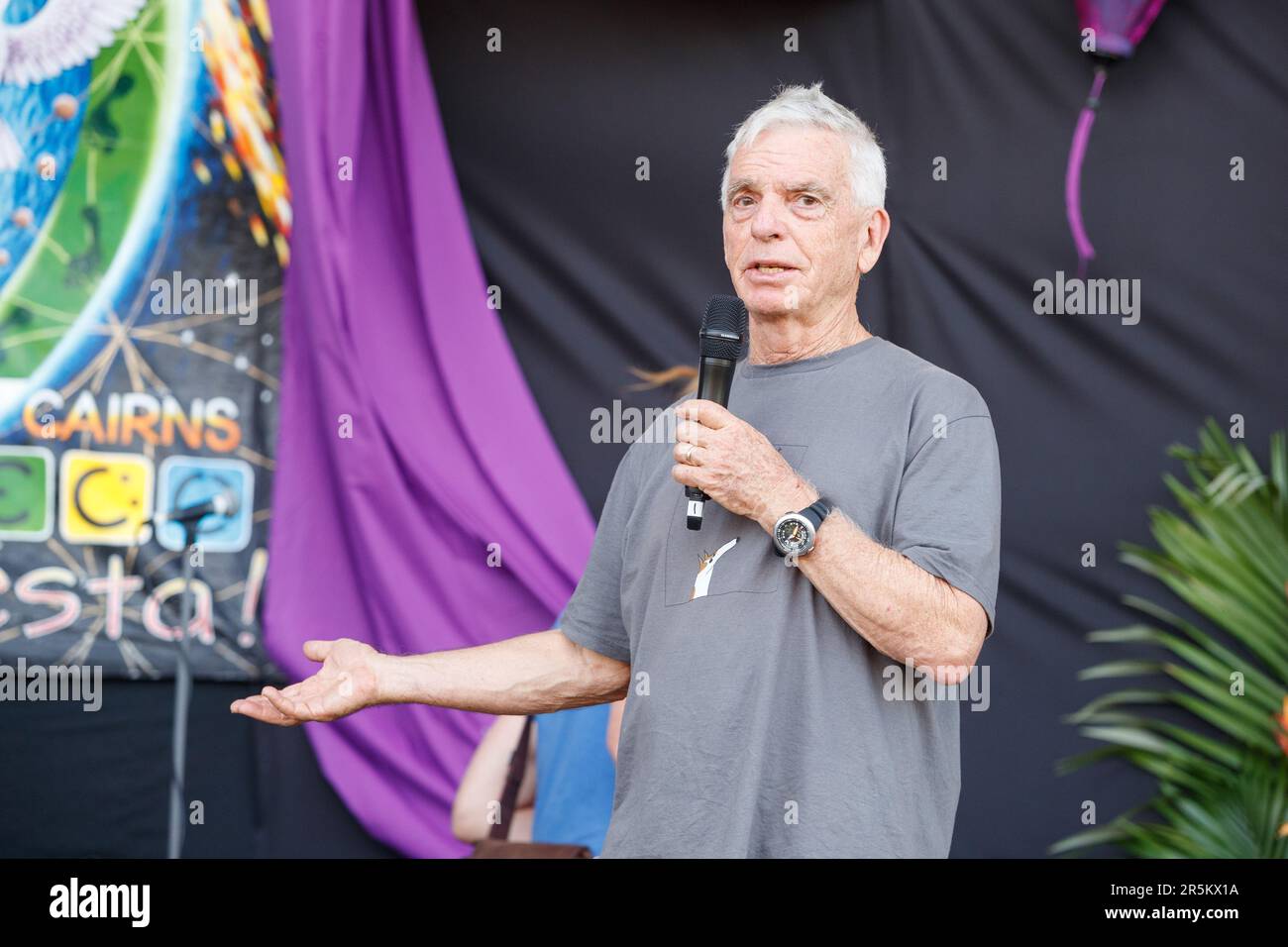 A member of the Bats & Trees Society of Cairns speak to the crowd to ...