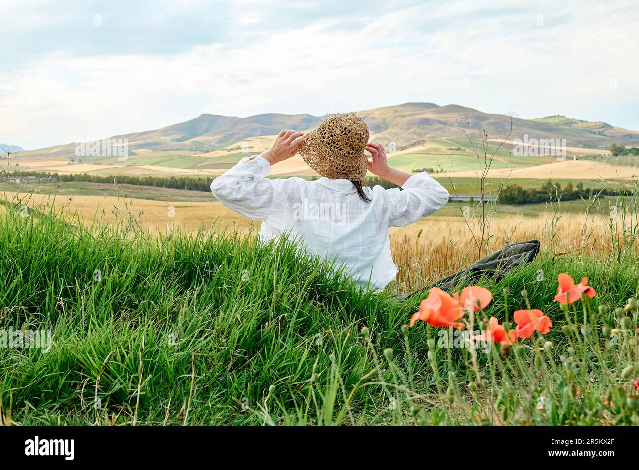 Rear view of woman in straw hat sitting in poppies meadow and admiring ...