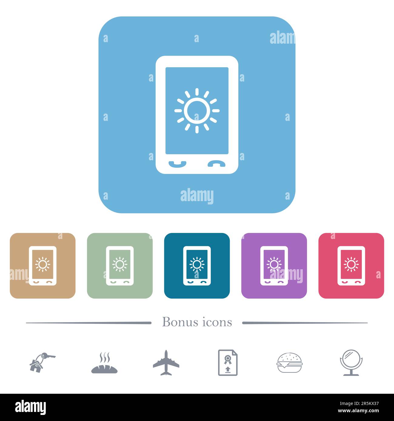 Mobile display brightness white flat icons on color rounded square ...