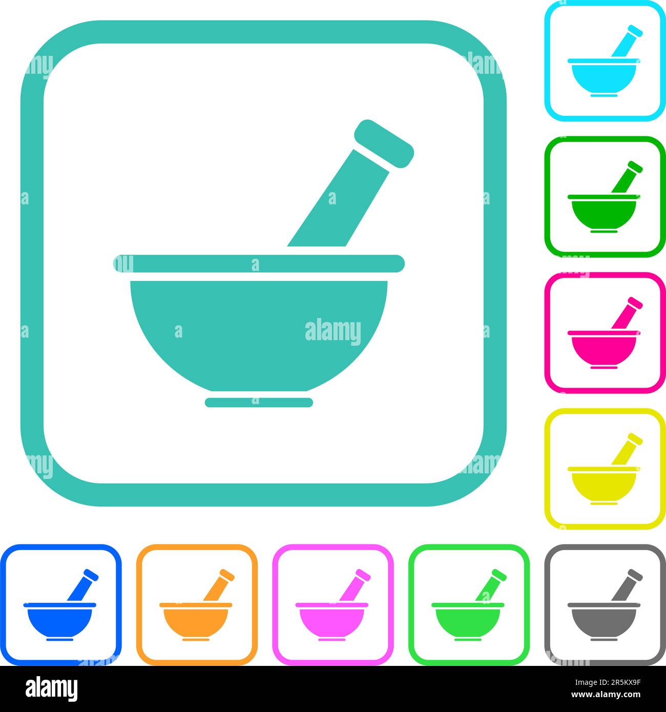 Mortar and pestle solid vivid colored flat icons in curved borders on white background Stock ...