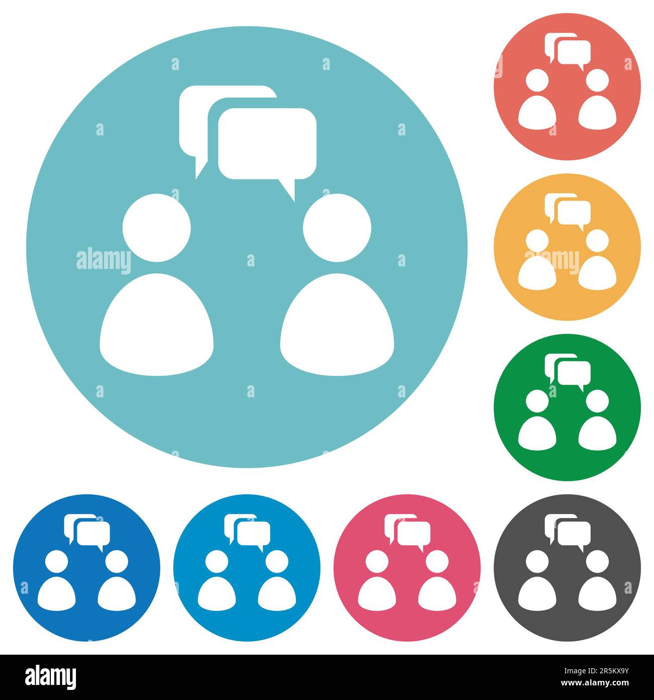 Two talking persons with rounded square bubbles solid flat white icons on round color ...