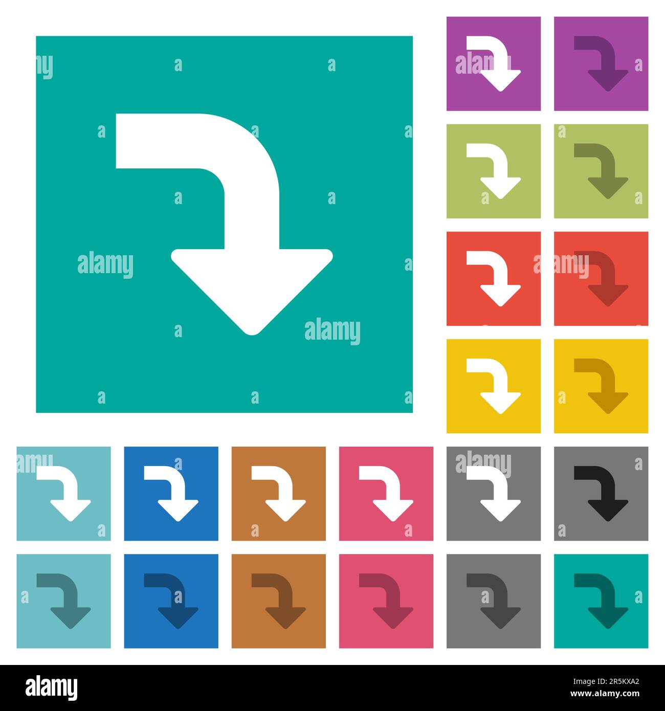 Right bottom side turn arrow solid multi colored flat icons on plain ...