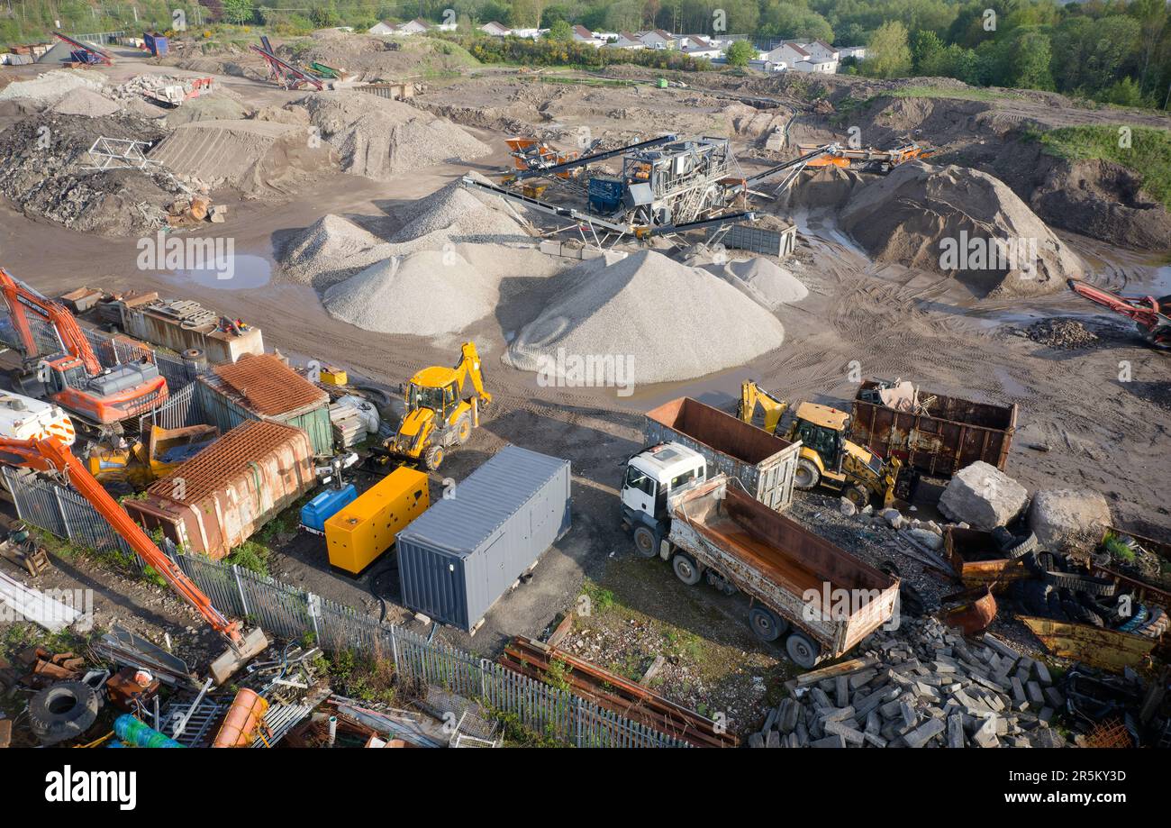 Quarry works industrial digging aerial view from above showing sand ...
