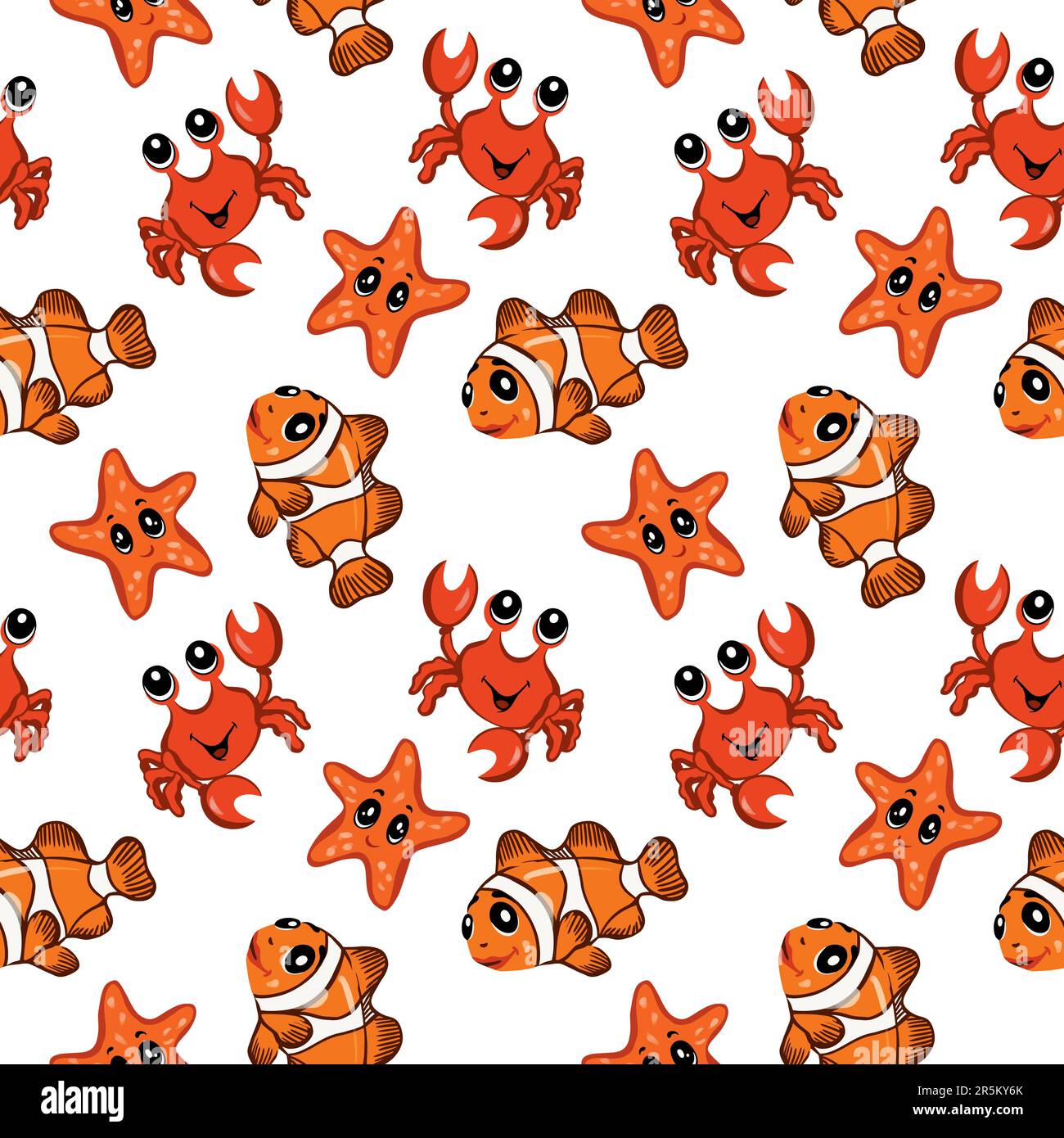 Clownfish, crab, starfish. Vector seamless pattern on the marine theme ...