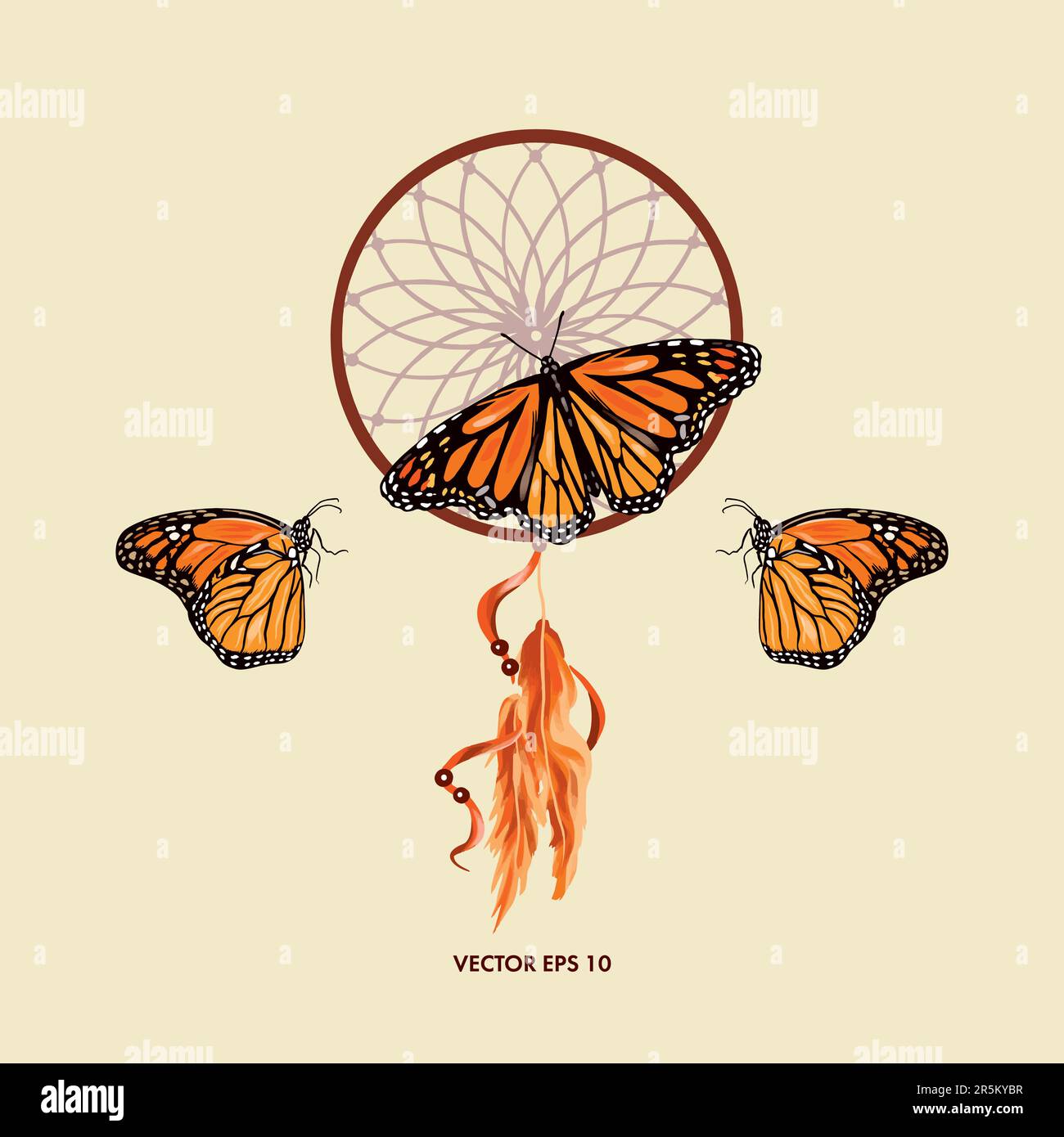 Dream catcher, feathers, monarch butterflies. Vector illustration ...