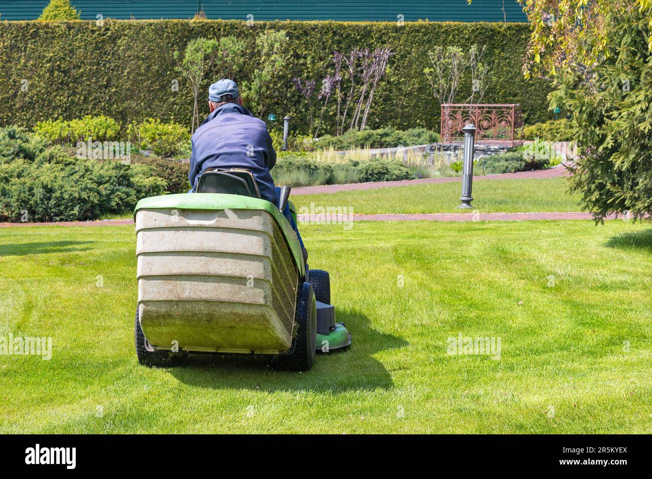The gardener drives a tractor lawn mower and cuts the green grass of ...