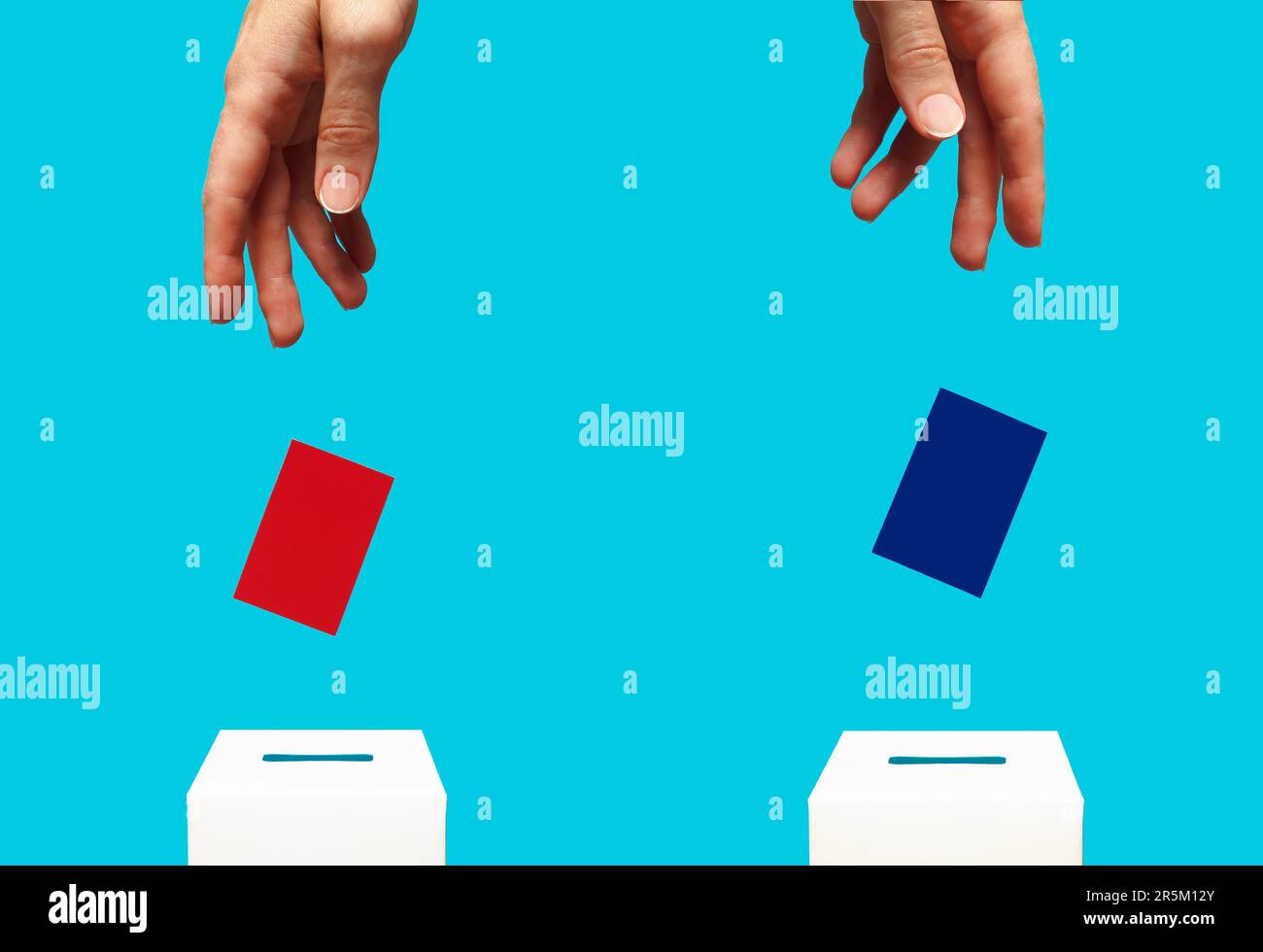 election concept - a woman's hand puts a blue card into a white voting ...