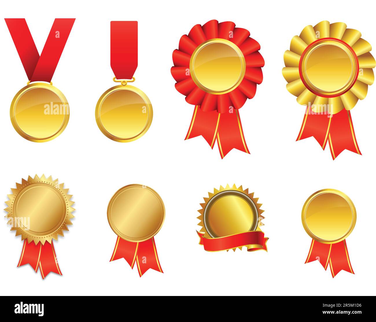 simple elegant gold medal red ribbon set vector isolated on white ...