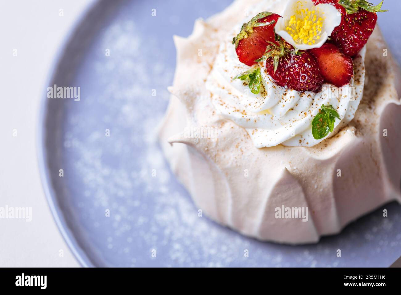 Two small mini pavlova cakes made of meringue decorated with fresh ...