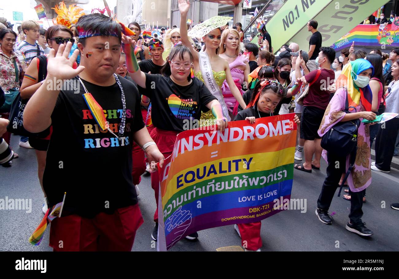 People with down syndrome walk in a parade to kick off Bangkok Pride ...