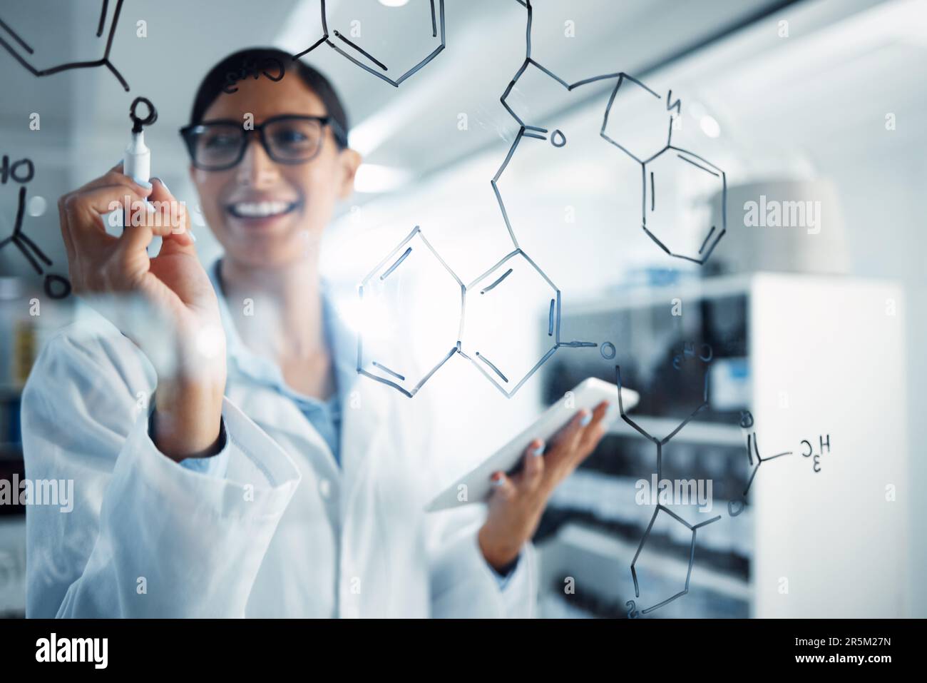 Science, equation and woman writing chemistry formula for medical ...