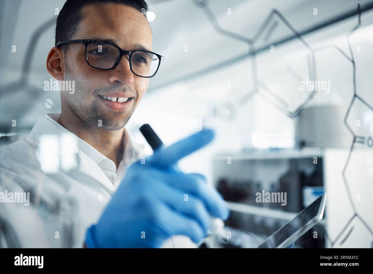 Science, research and man with chemistry equation for medical analysis ...