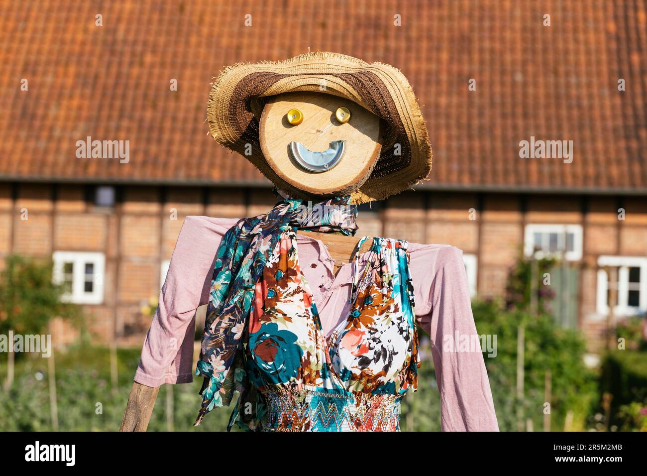 Scarecrow of a female gardener in a vegetable garden with a traditional ...