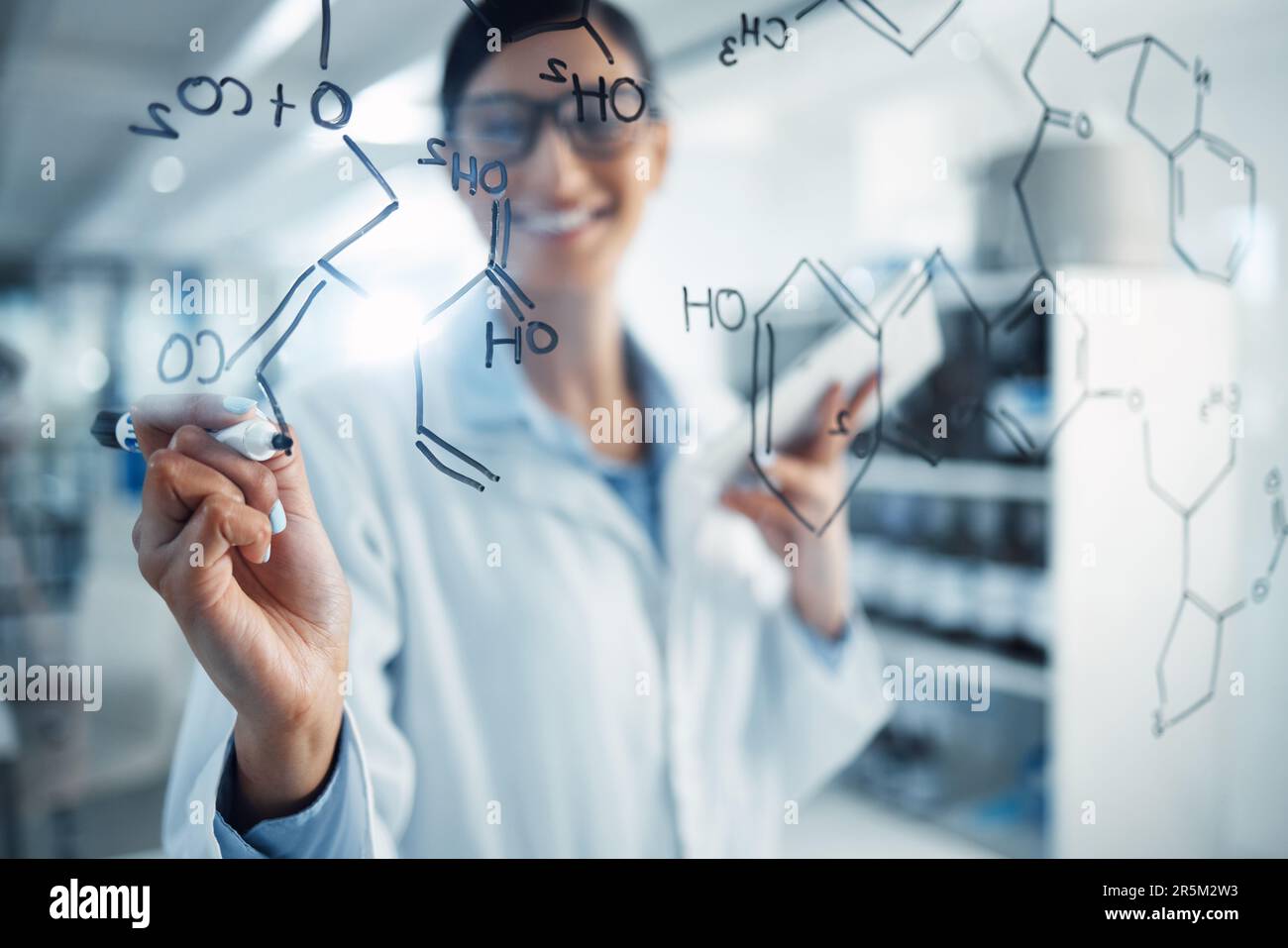 Science, formula and woman writing chemistry equation for medical ...