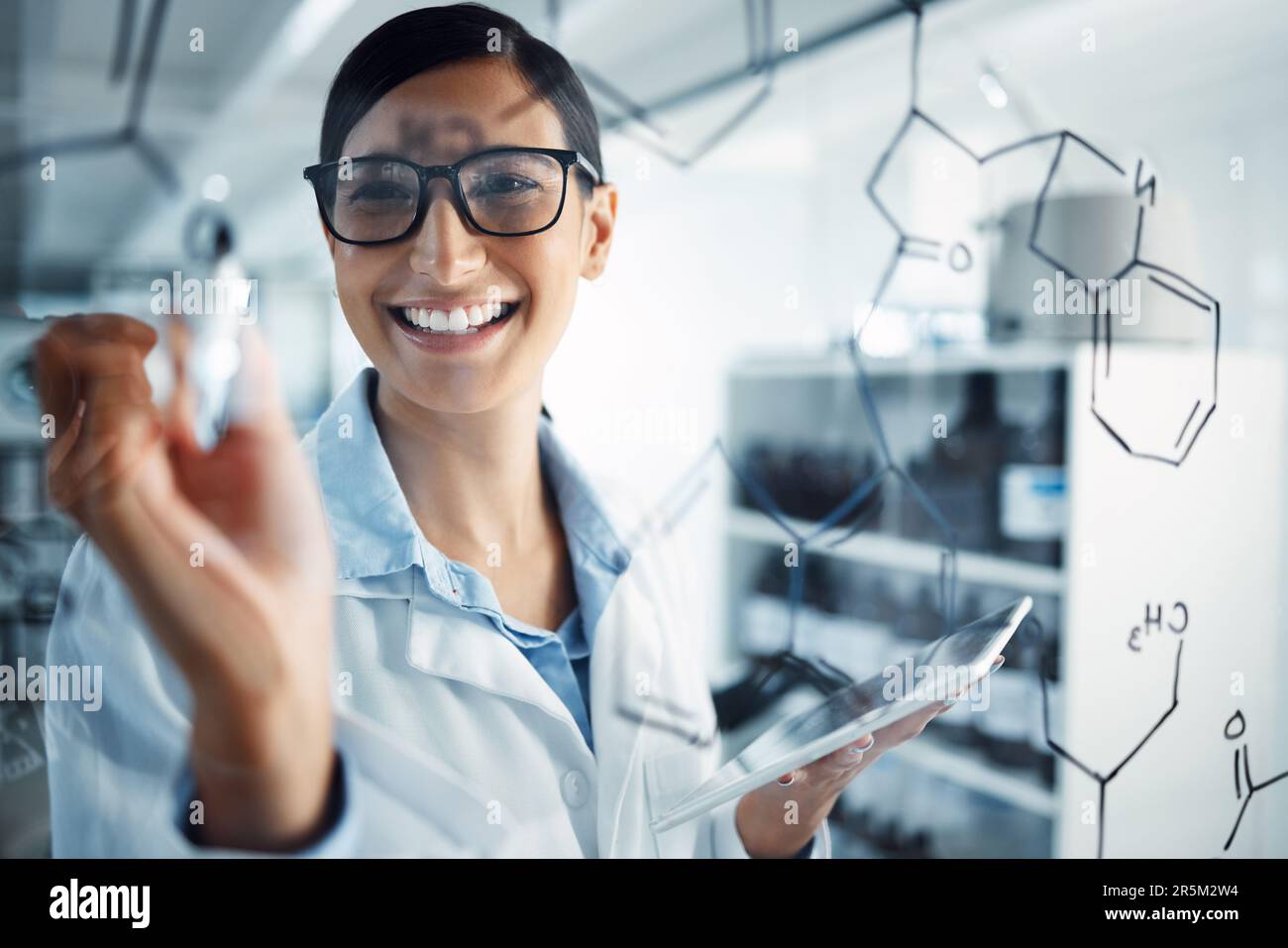 Science, formula and woman with tablet for chemistry equation for ...