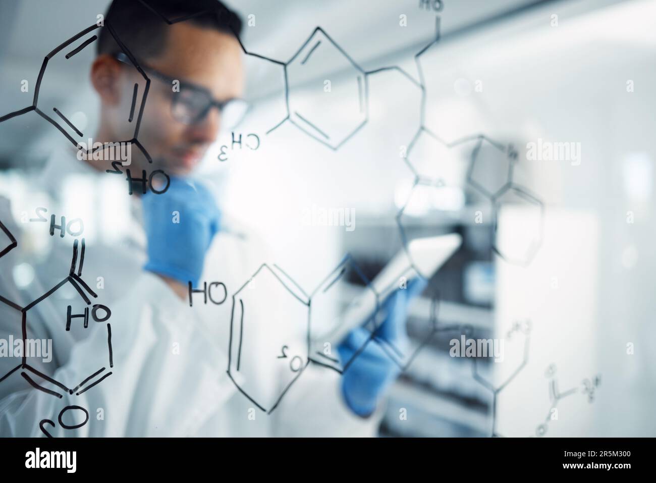 Science, tablet and man with medical formula for chemistry research ...