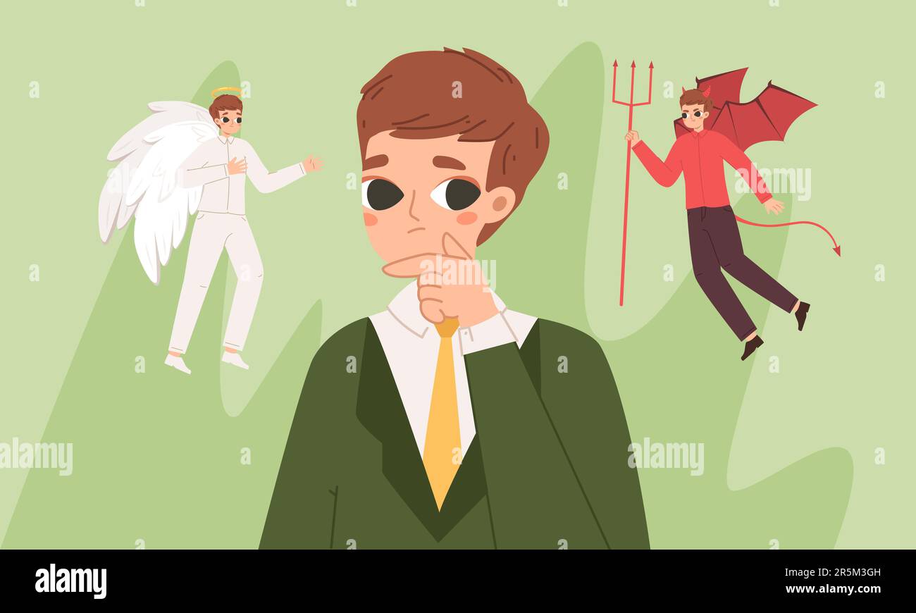 Shoulder devil and angel. Kind and evil human advisor, student, teens ...