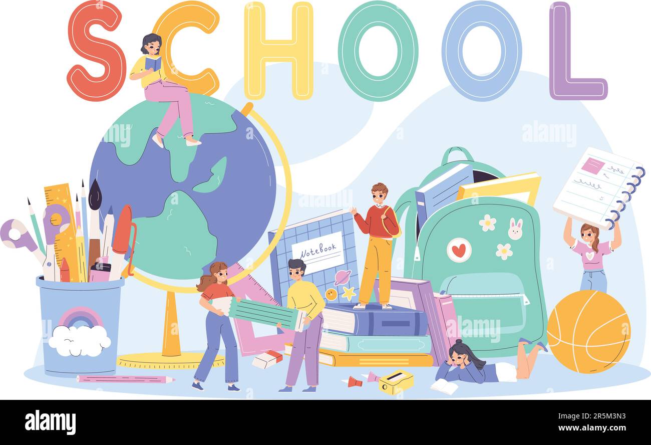 Student and stationery. School class kids, young teenagers back to ...