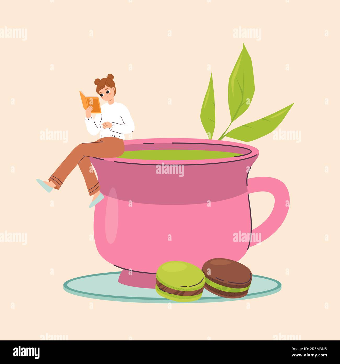 Young girl reading book and sitting on giant tea cup. Matcha or green ...