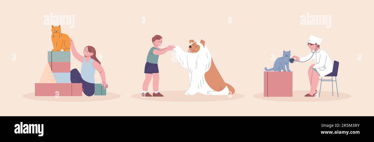 Children play with pets. Girl and boy with cat and dog. Young pet ...