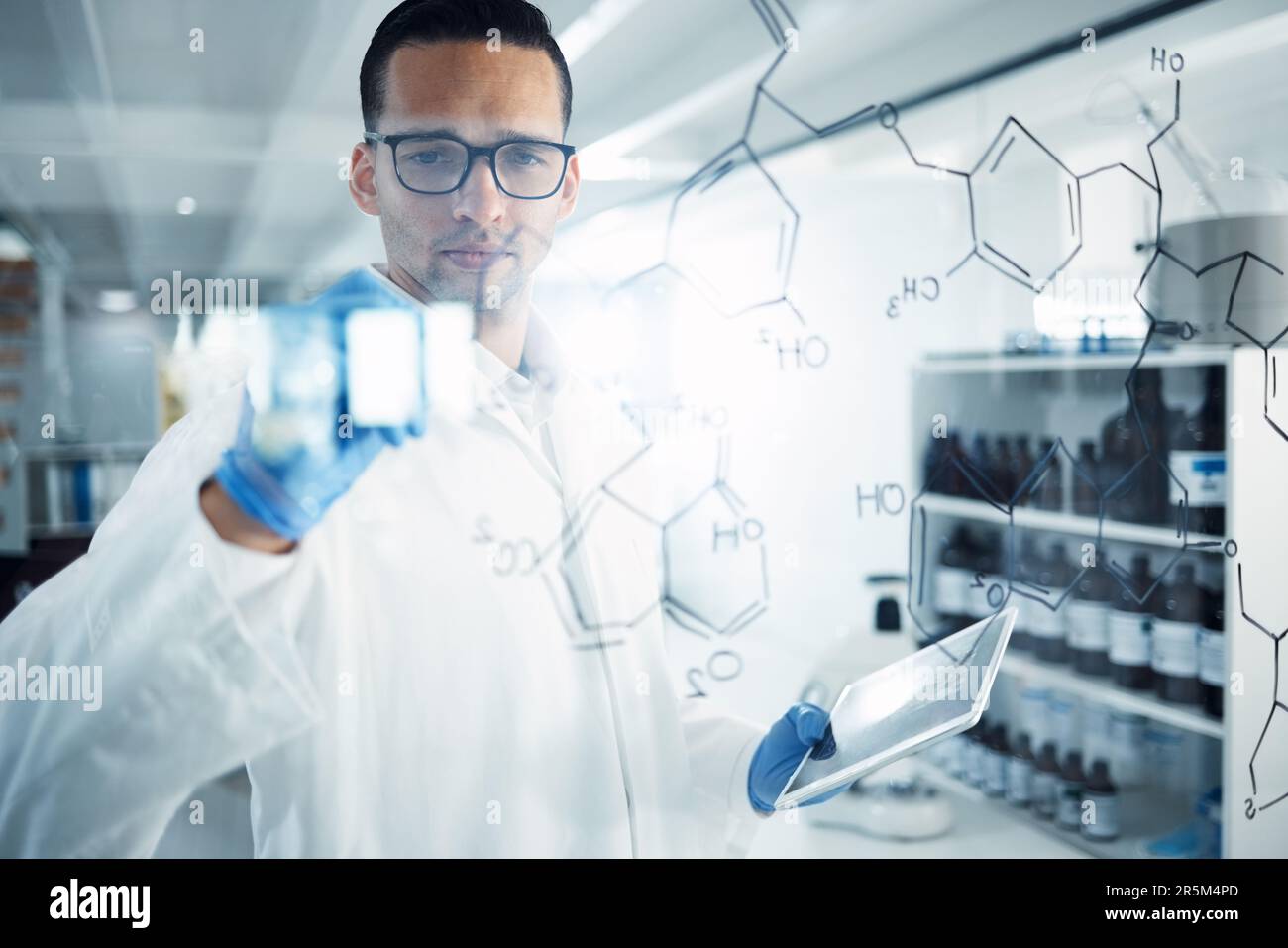 Science, tablet and man with chemistry formula for medical research, equation and solution ...