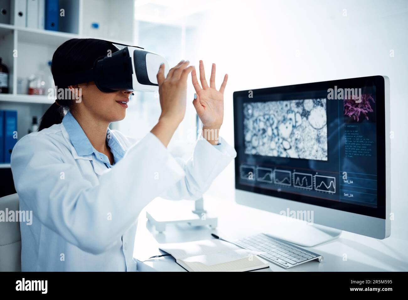 Woman, scientist and VR goggles with computer screen, futuristic tech ...
