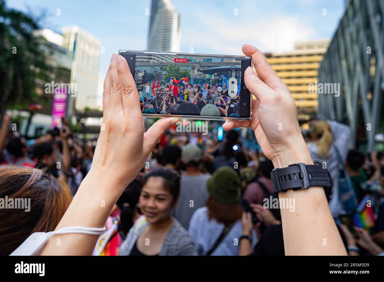 Bangkok, Thailand. 04th June, 2023. Revelers filming at the Bangkok ...