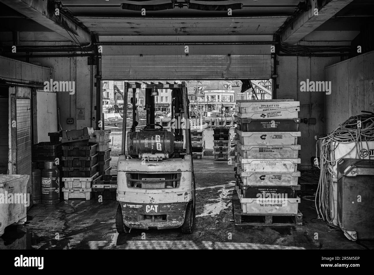 The inside of a fish storage unit. Containers are stacked and fork-lift ...