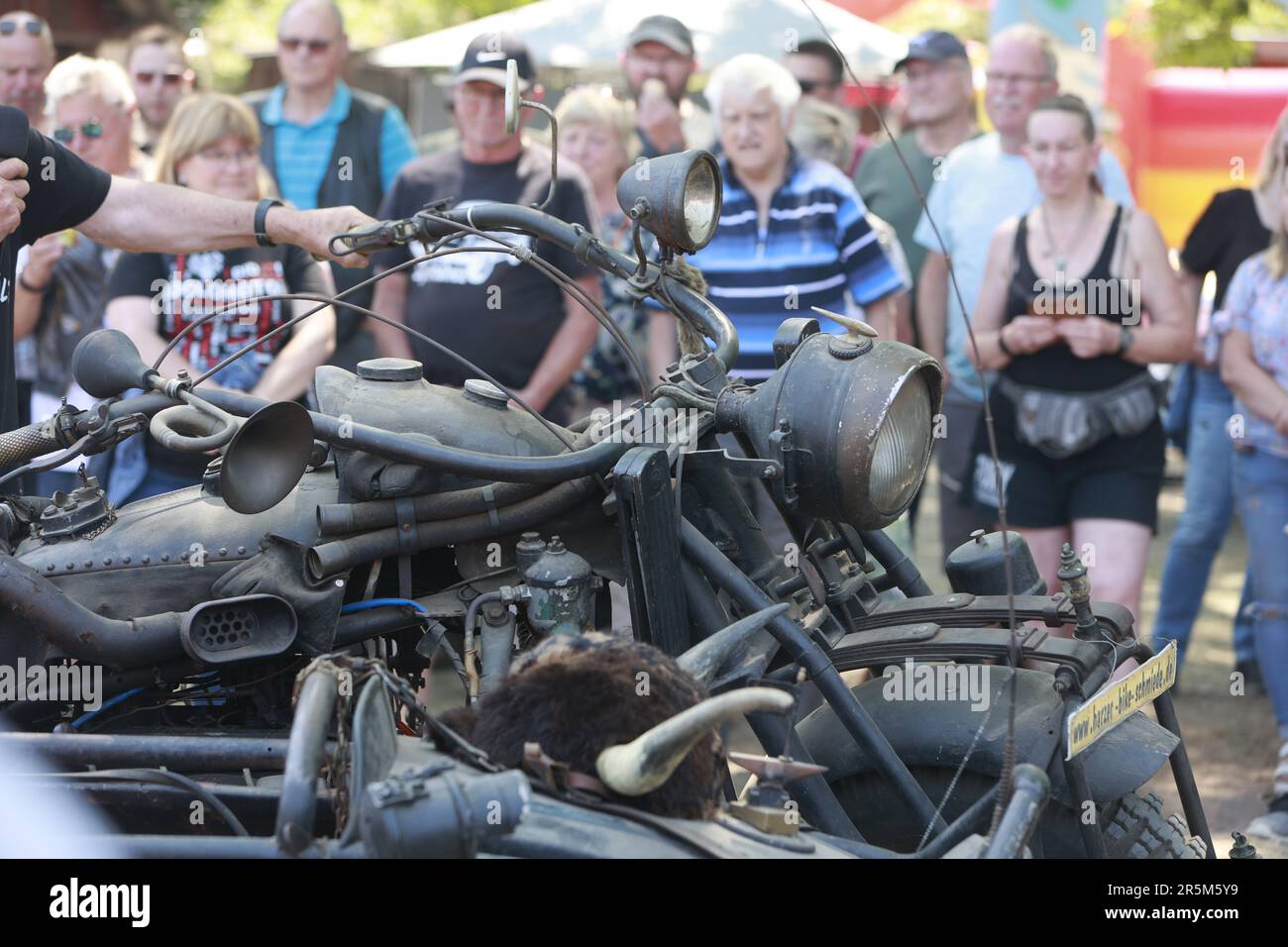 04 June 2023, Saxony-Anhalt, Halberstadt: View of a motorcycle with a ...